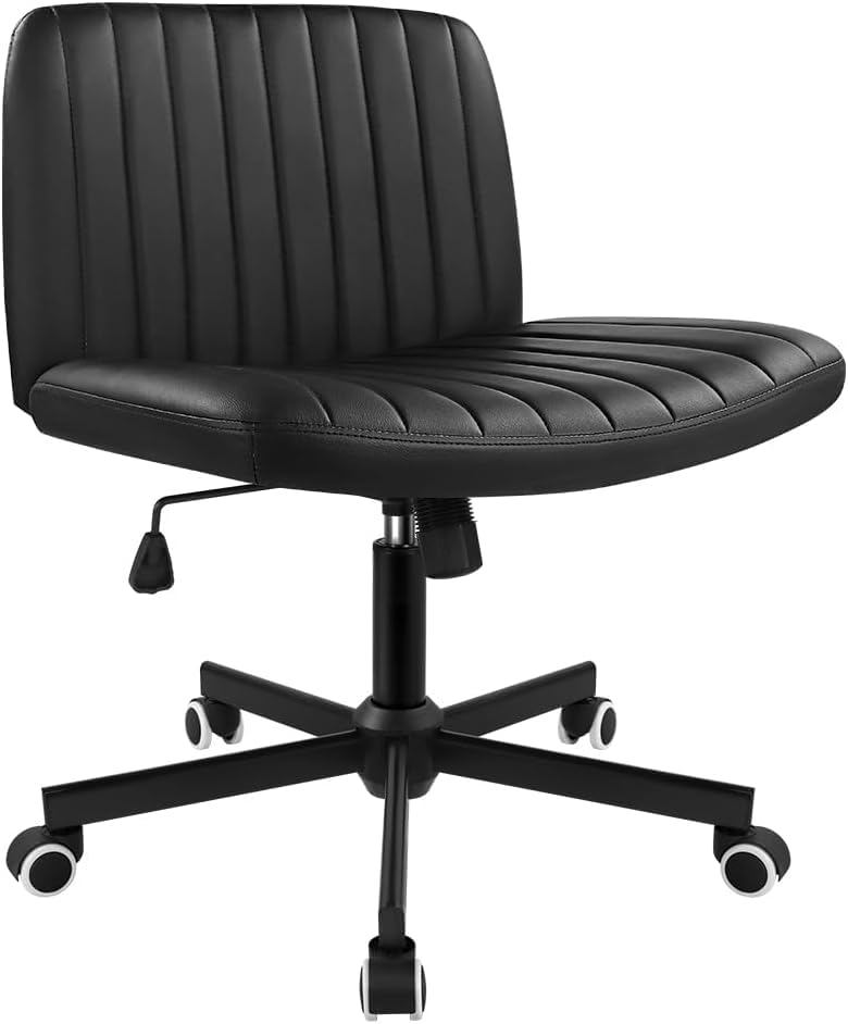 BFTOU Black PU Stool Chair with Wheels Height Adjustable Swivel Vanity Chair for Home Office Desk Chair with Wide Seat