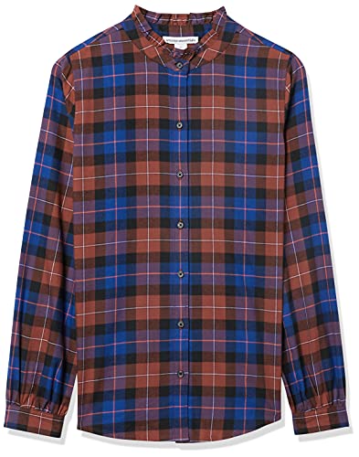 Amazon Essentials Women's Long-Sleeve Ruffle Detail Flannel Shirt, Blue Rust Windowpane Plaid, Large