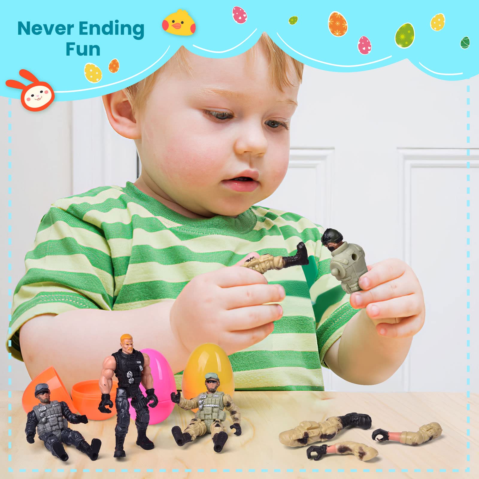 FUN LITTLE TOYS 12PCS Easter Egg with Army Men Realistic Army Ranger Action Figures, Easter Stocking Stuffers, Easter Basket Stuffers