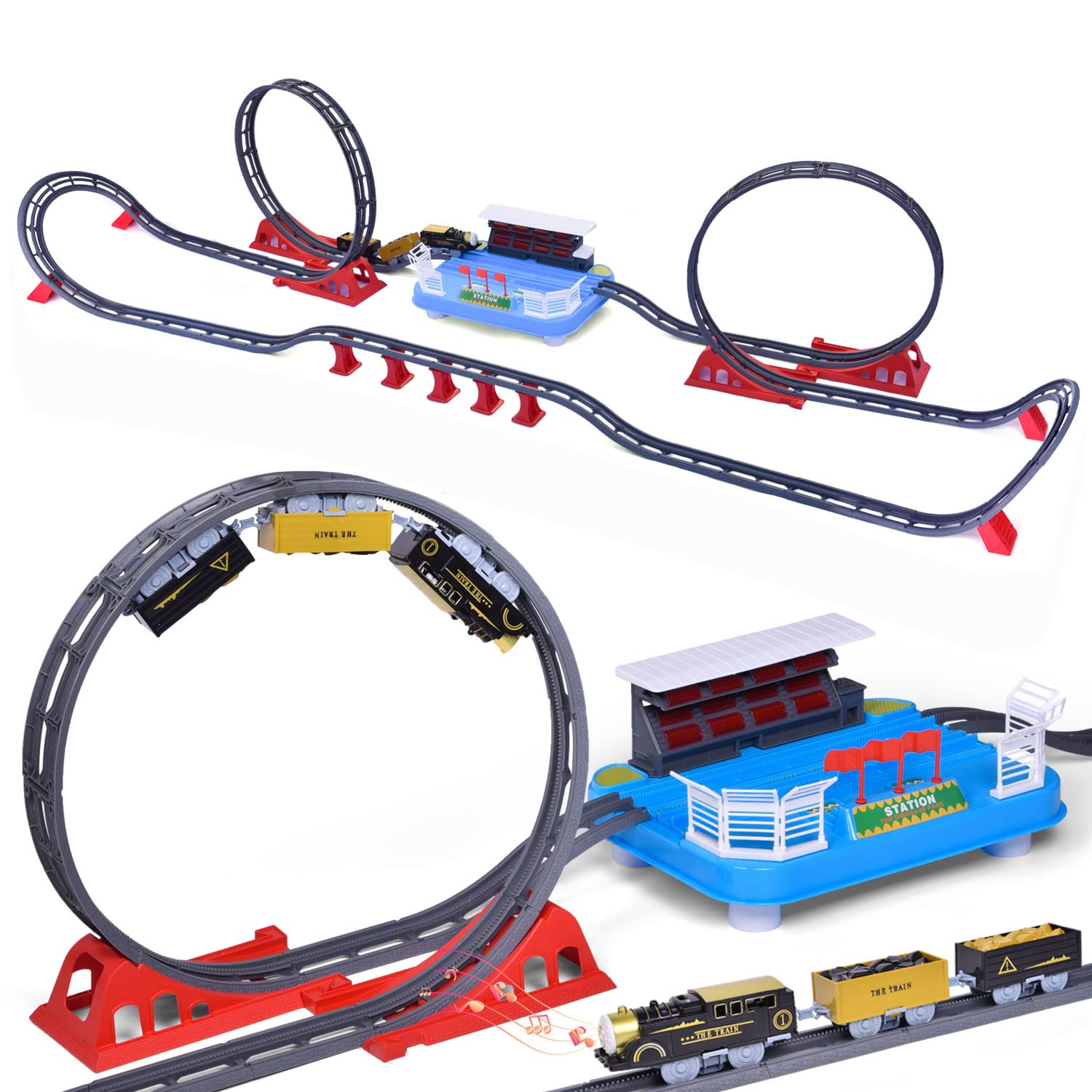 FUN LITTLE TOYS 78PCS Train Set Toys for Kids, Flexible Railway Tracks Roller Coaster Playset, Batteries Operated Toy Train with Light and Sound, Gift for 3 4 5 6 Years Old Toddlers Boys and Girls