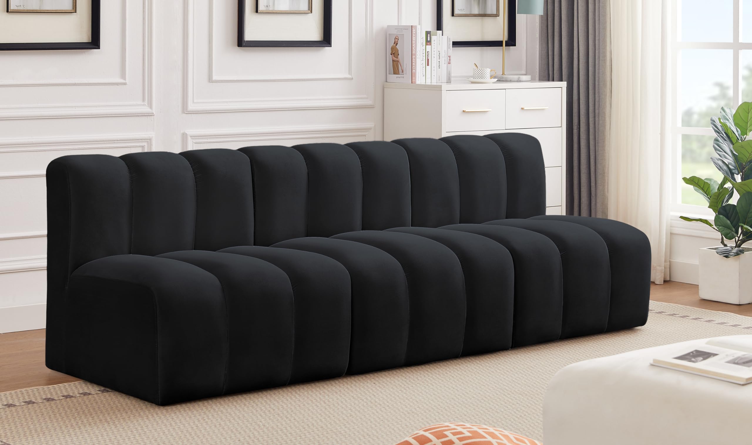 Meridian Furniture 103Black-S3F Arc Collection Modern | Contemporary Modular Sofa with Soft Black Velvet, Deep Channel Tufting, Modular Design, 89.5" W x 31" D x 30" H, Black