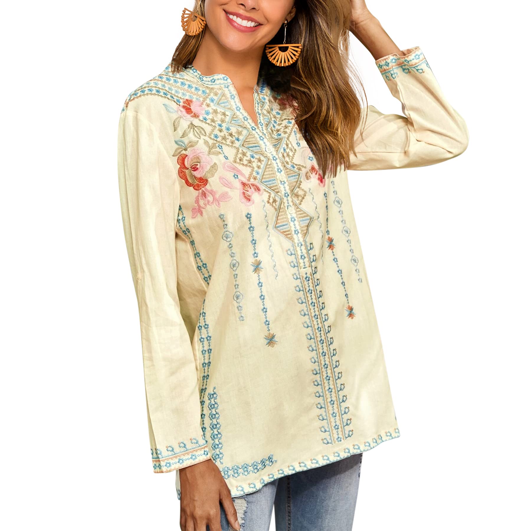 AK Women's Embroidered Tops Mexican Shirt V Neck Summer Casual Tops Peasant Tunic Loose Blouse (Small, 127-Yellow)