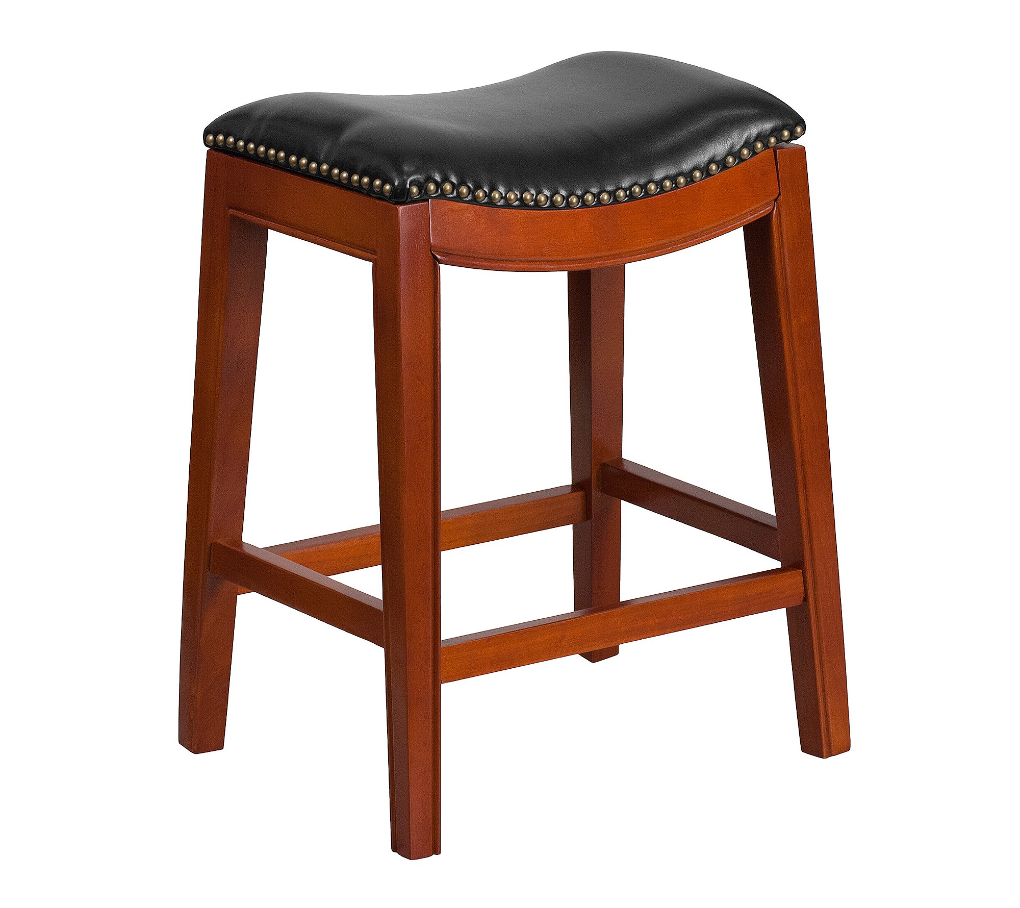 Flash Furniture Alphus 26'' High Backless Light Cherry Wood Counter Height Stool with Black LeatherSoft Saddle Seat