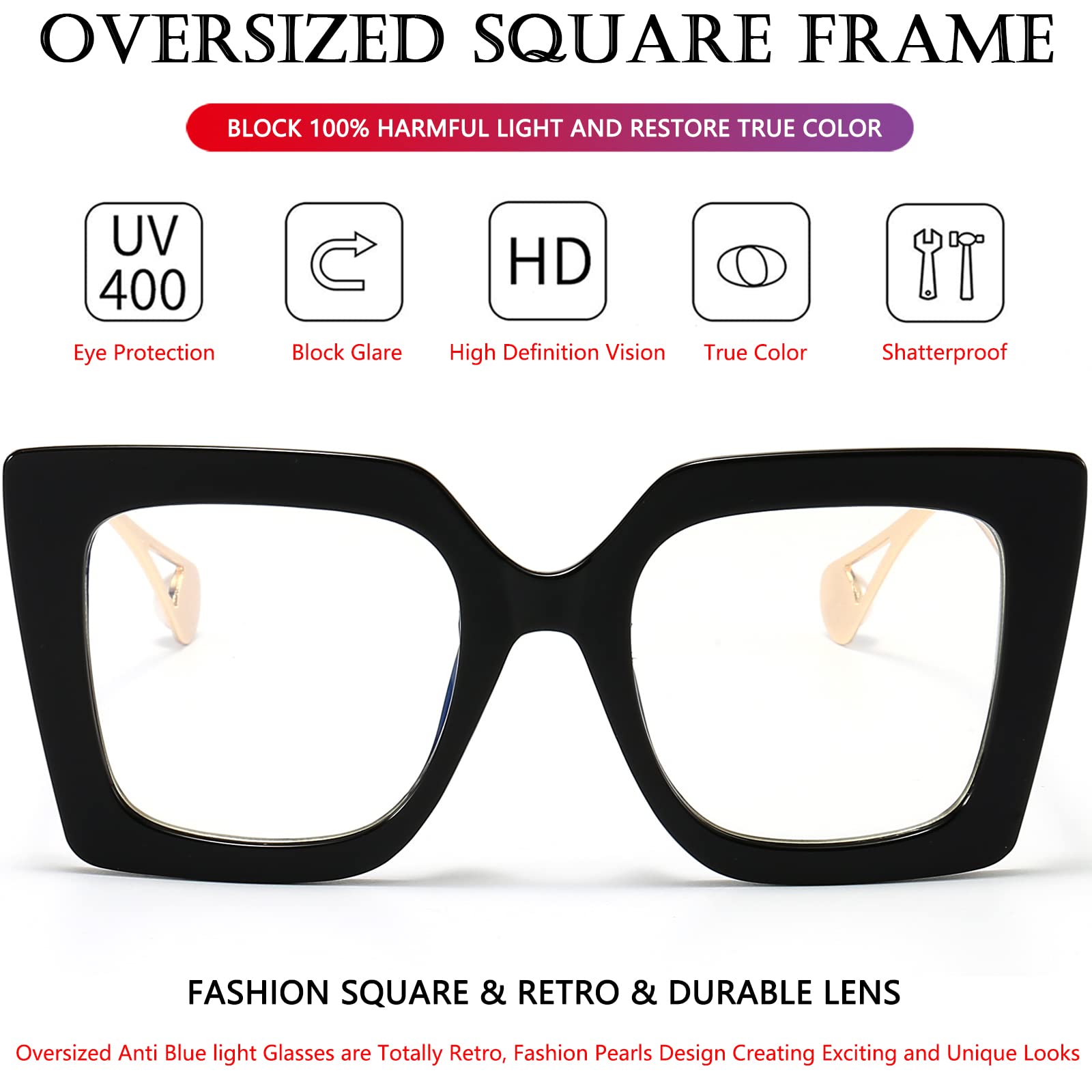 AIEYEZO Oversized Blue Light Glasses for Women, Anti Fatigue Prevent Headache Computer Eyeglasses (Black)