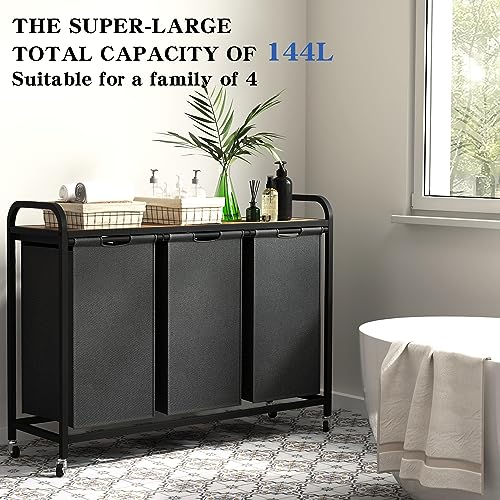 Lineware Laundry Hamper, Laundry Basket 3 Section, 3 ร 12.7 Gal (144L), Laundry Sorter with Top Shelf, Upgrade larger Rolling Laundry Basket with 3 Pull-Out Organizer Bags and Wheels (B-BLACK)