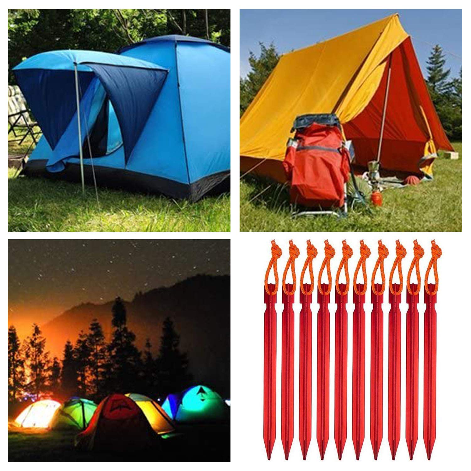 Allazone 20 PCS Aluminum Lightweight Tent Stakes Set, Camping Tent Stakes Accessories Kit, 10 PCS Tent Stakes, Plastic Hammer, Nail Puller and Rope with Guylines Adjuster for Easy Camping