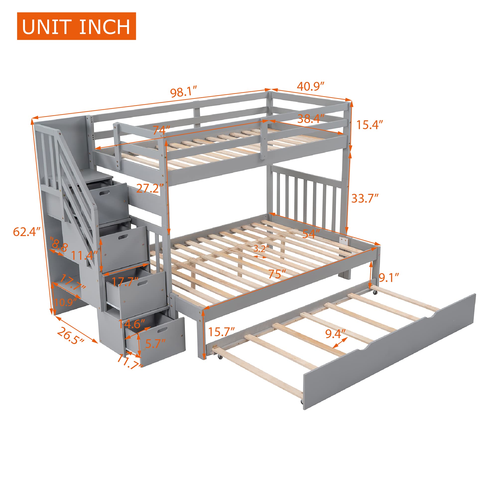 BIADNBZ L-Shaped Triple Bunk Bed for 3 Twin Size with Two Drawers and Built-in Stepladders for Kids/Teens,Gray