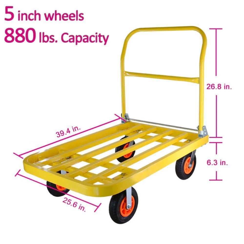 Auroglint-880 lbs. Capacity Steel Push Hand Truck Heavy-Duty Dolly Folding Foldable Moving Warehouse Platform Cart in Yellow