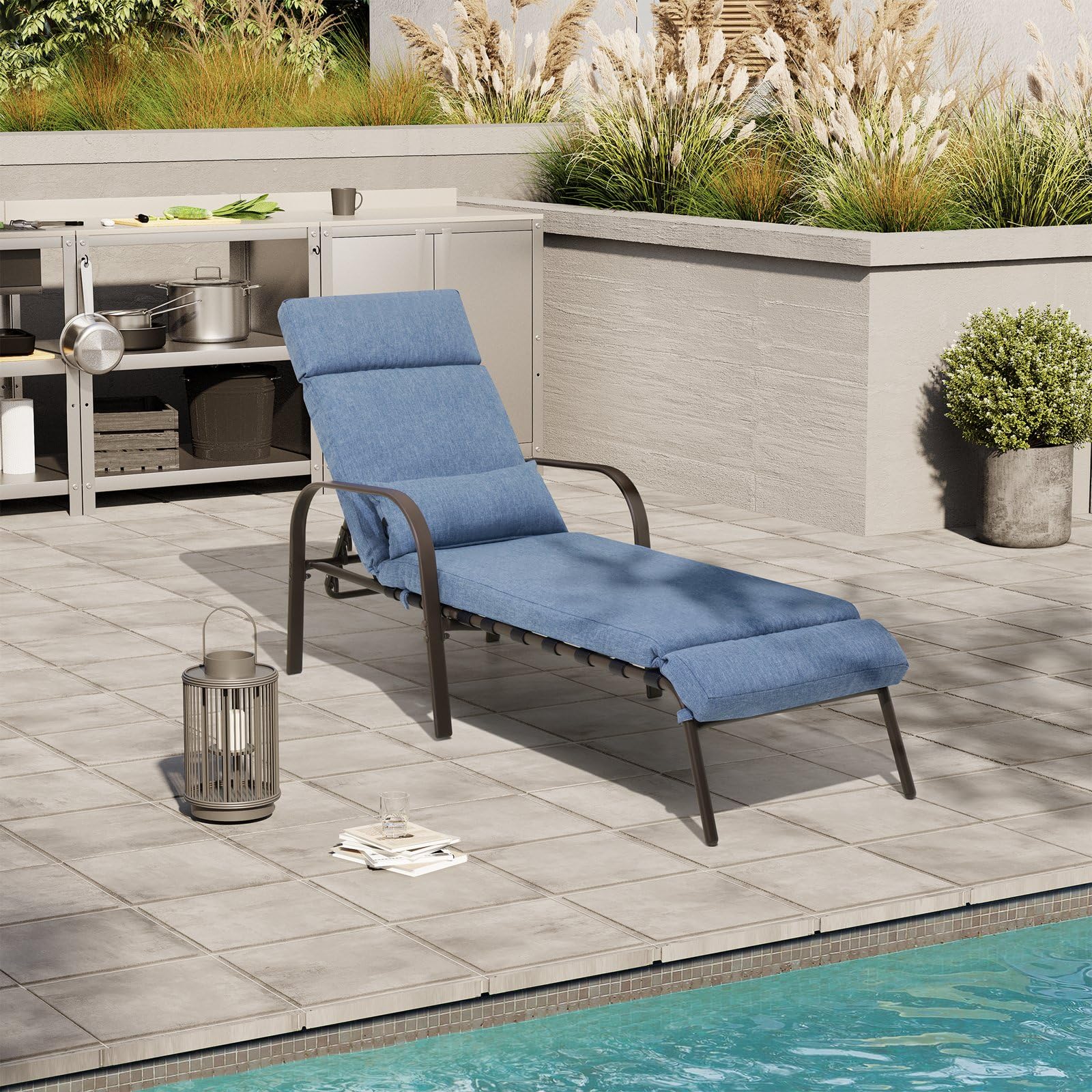 Crestlive Products Adjustable Chaise Lounge Chair with Cushion & Pillow, Outdoor Five-Position Recliner, All Weather for Patio, Beach, Yard, Pool (1PC Dark Blue)