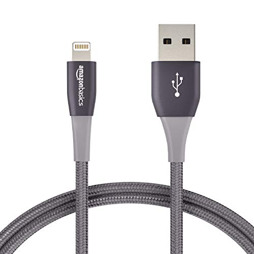 Amazon Basics Double Nylon Braided USB-A Cable with Lightning Connector, Premium Collection, MFi Certified Apple iPhone 14 13 12 11 X Xs Pro, Pro Max, Plus, iPad, Dark Grey, 3-Ft, 2 Pack