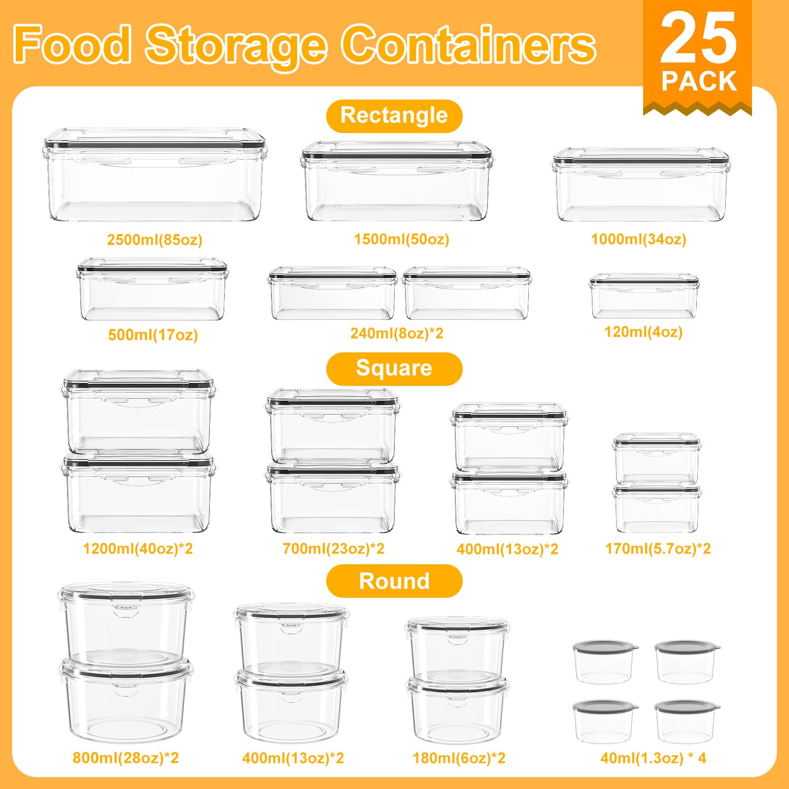 Fyrnova 50 PCS Food Storage Containers with Lids (25 Containers & 25 Lids), 100% Leakproof Plastic Meal-Prep Containers Reusable, Microwave and Dishwasher Safe, Includes Labels & Pen