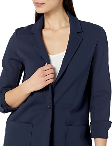 Amazon Essentials Women's Relaxed-Fit Soft Ponte Blazer, Navy, Large