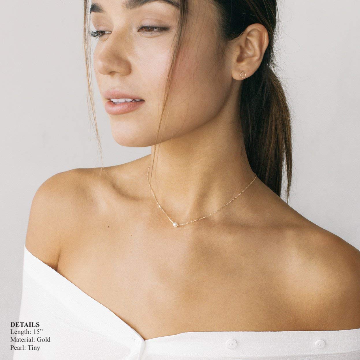 Aobei Pearl Single Cultured Pearl Choker 18K Gold Chain White Bead Necklace Layering Minimalist Jewelry for Women 15ββ