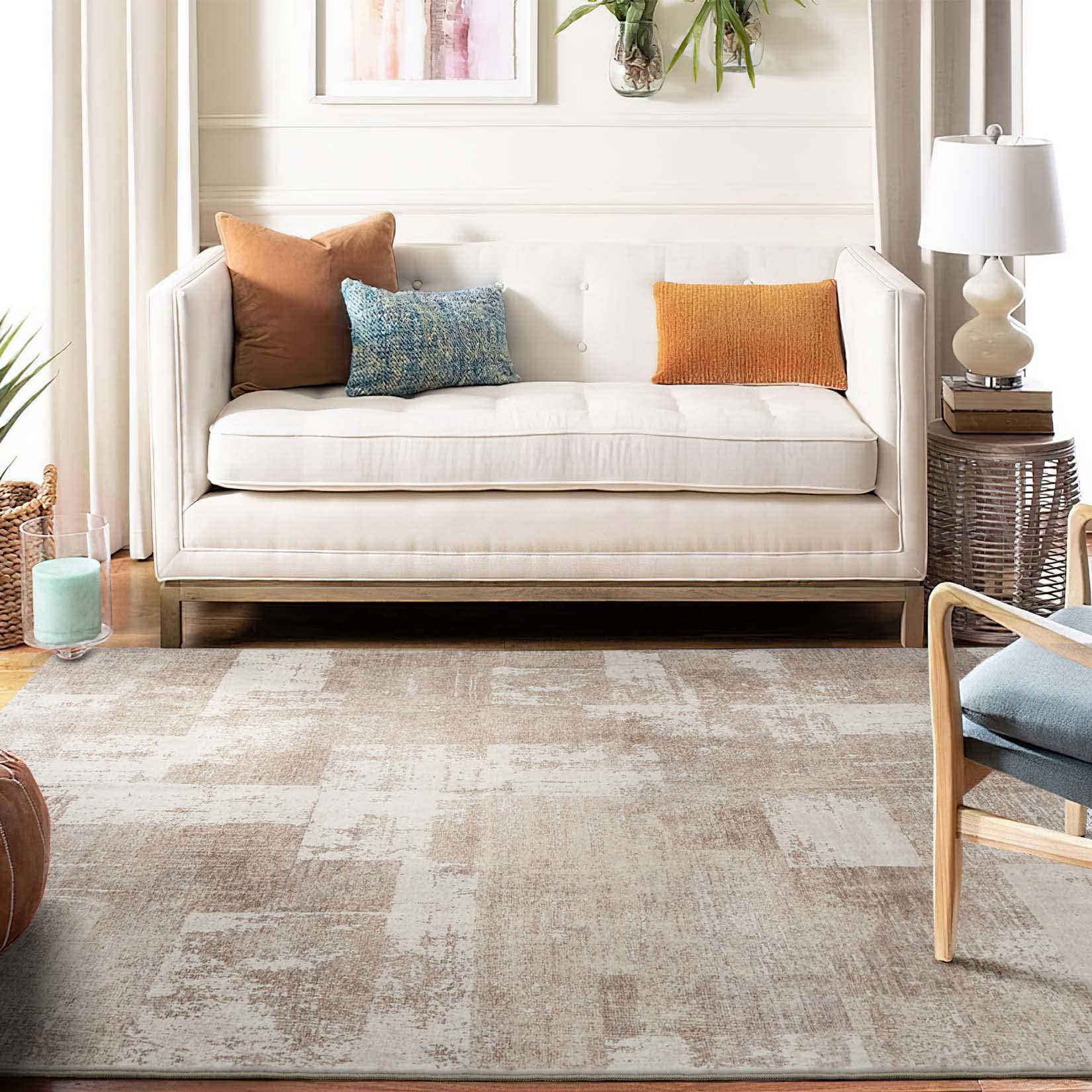 Area Rug Living Room Rugs: 5x7 Indoor Soft Small Low Pile Carpet Abstract Decor Large Washable for Bedroom Dining Room Under Kitchen Table Home Office - Beige/Ivory