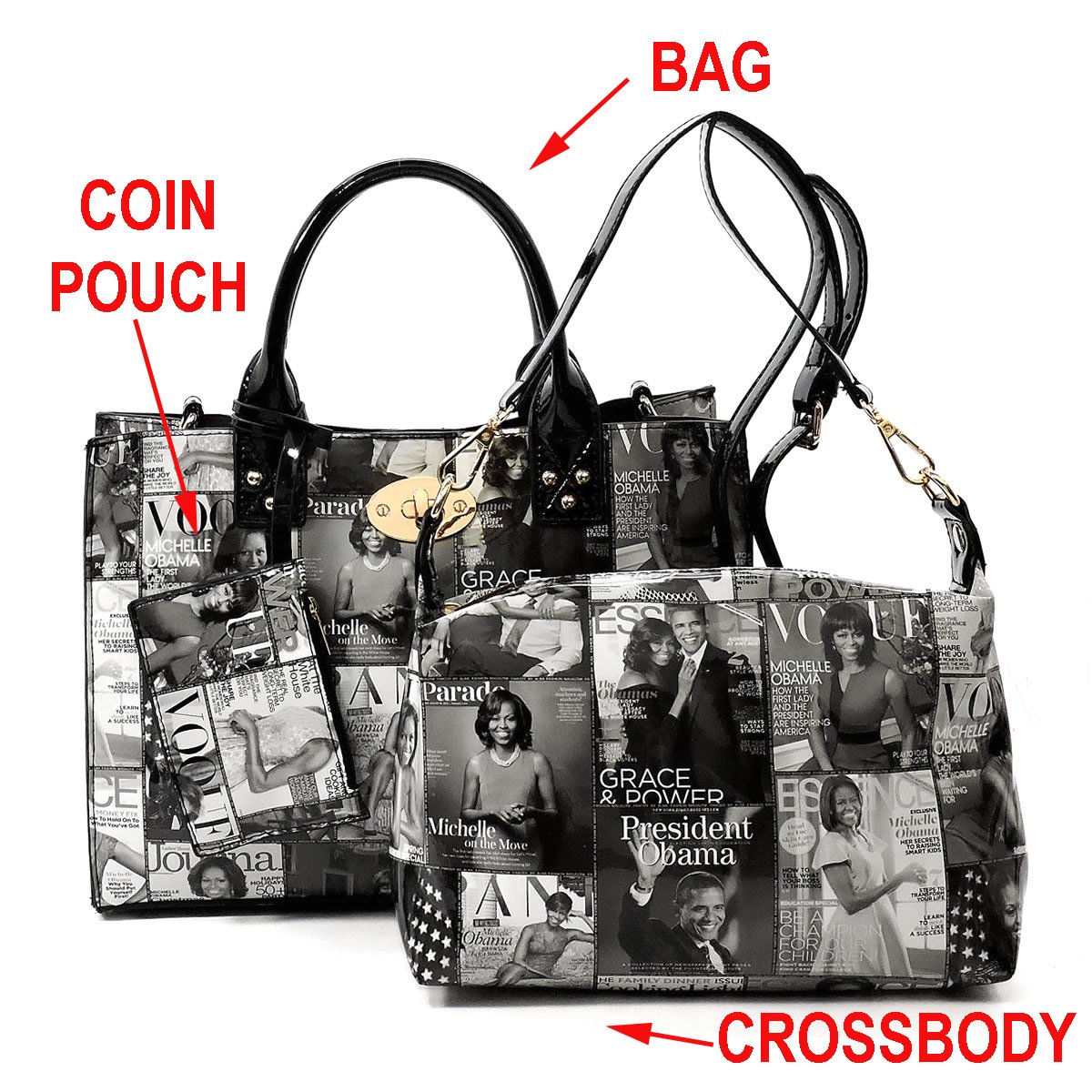 Glossy magazine cover collage crossbody bag purses Michelle Obama mini handbag 3pcs set (MULTI/RED)