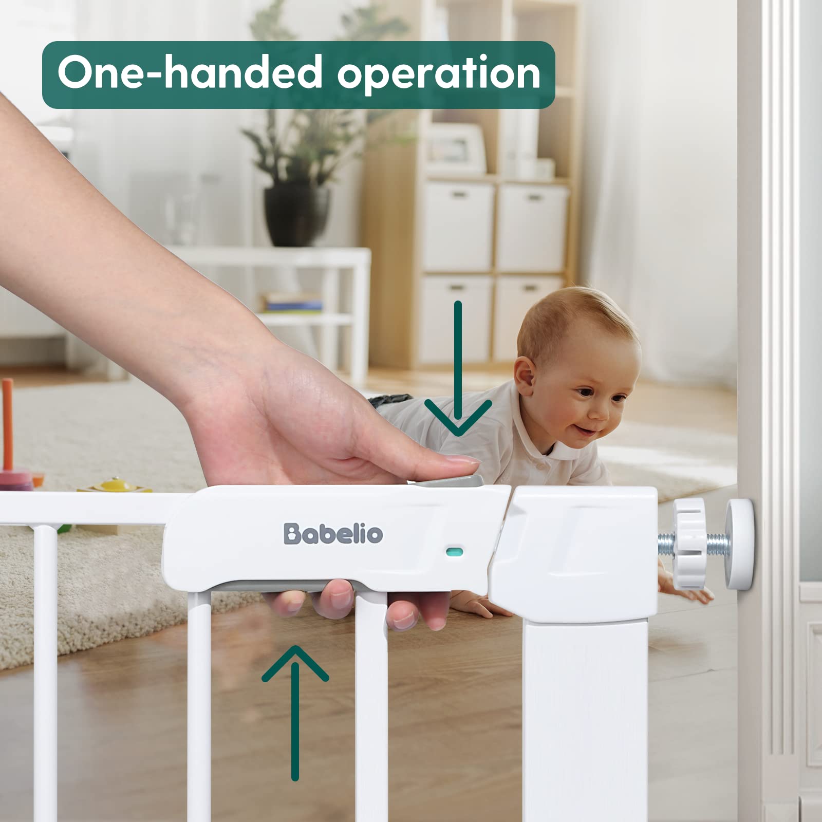 BABELIO 26-34.5 Inch Easy Install Narrow Pressure Mounted Metal Baby Gate, No Drilling, No Tools Required, with Wall Protectors and Extenders (White)
