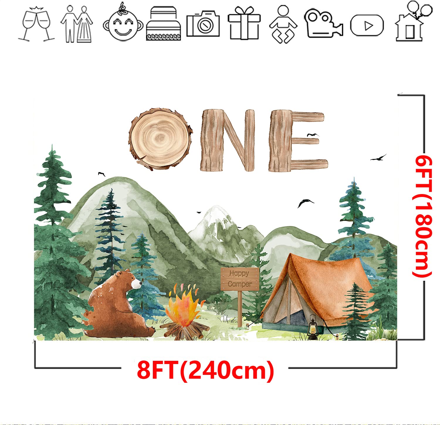 ANSHUHAI One Happy Camper Backdrop One Happy Camper Birthday Decorations Boy's 1st Birthday Party Photography Background Forest Camping Birthday Backdrop One Happy Camper Banner (8x6ft)
