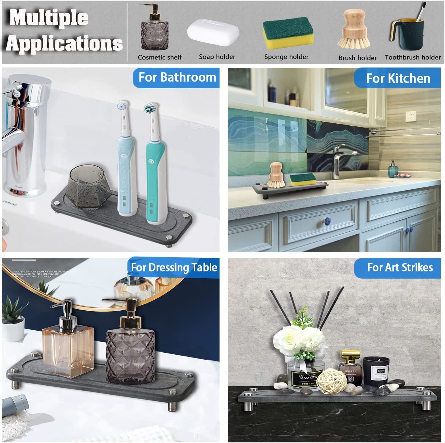 Bathroom Quick Dry Stone Sink Tray,Fast Drying Stone Sink Tray,Instant Dry Sink Organizer,for Kitchen Soap Tray, Toothbrush Cup and Nice Vanity Trays for Bathroom