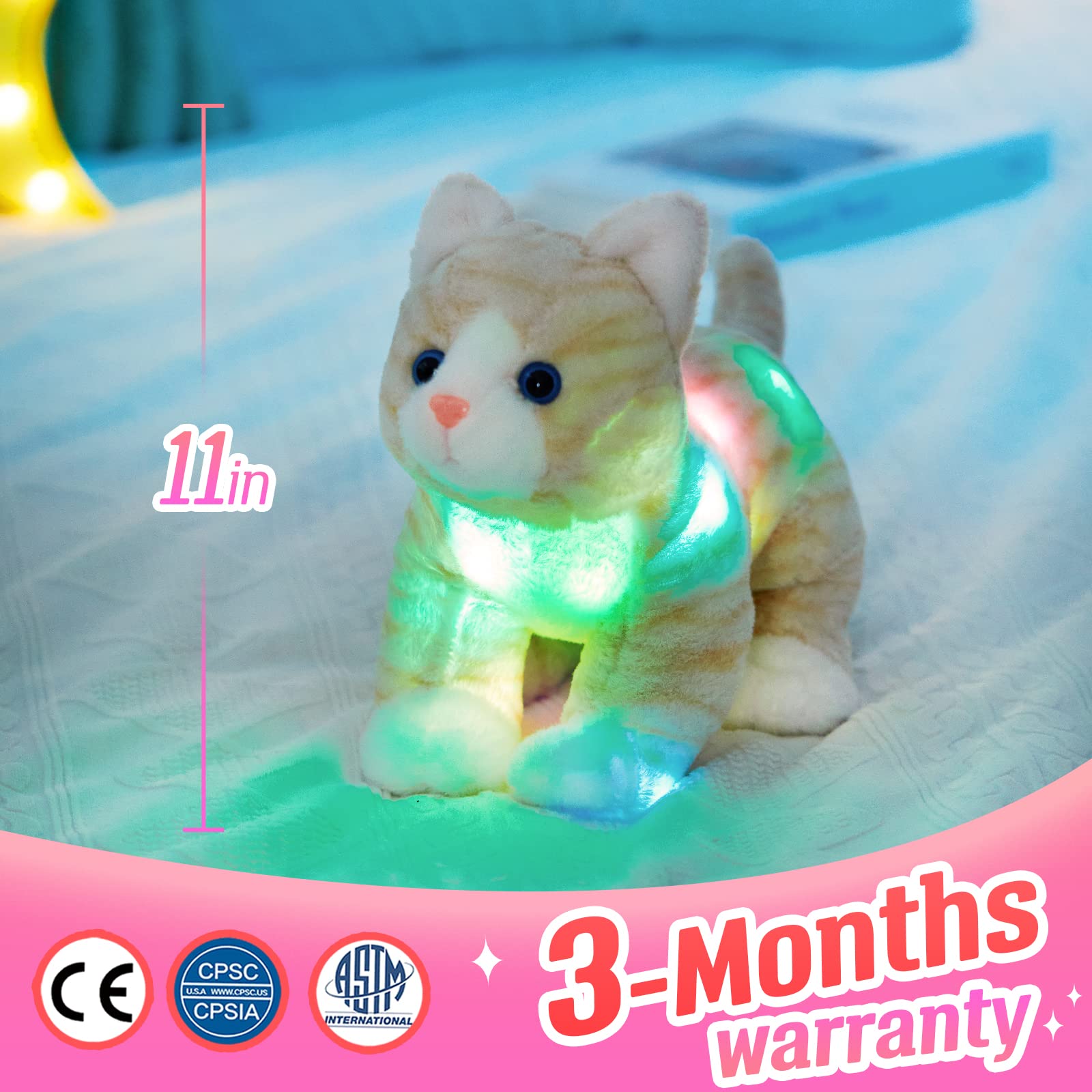 Glow Guards 14'' Light up Kitty Stuffed Animal Soft Realistic Cat Plush Toy with LED Night Lights Glow Birthday Children's Day Gifts for Toddler Kids