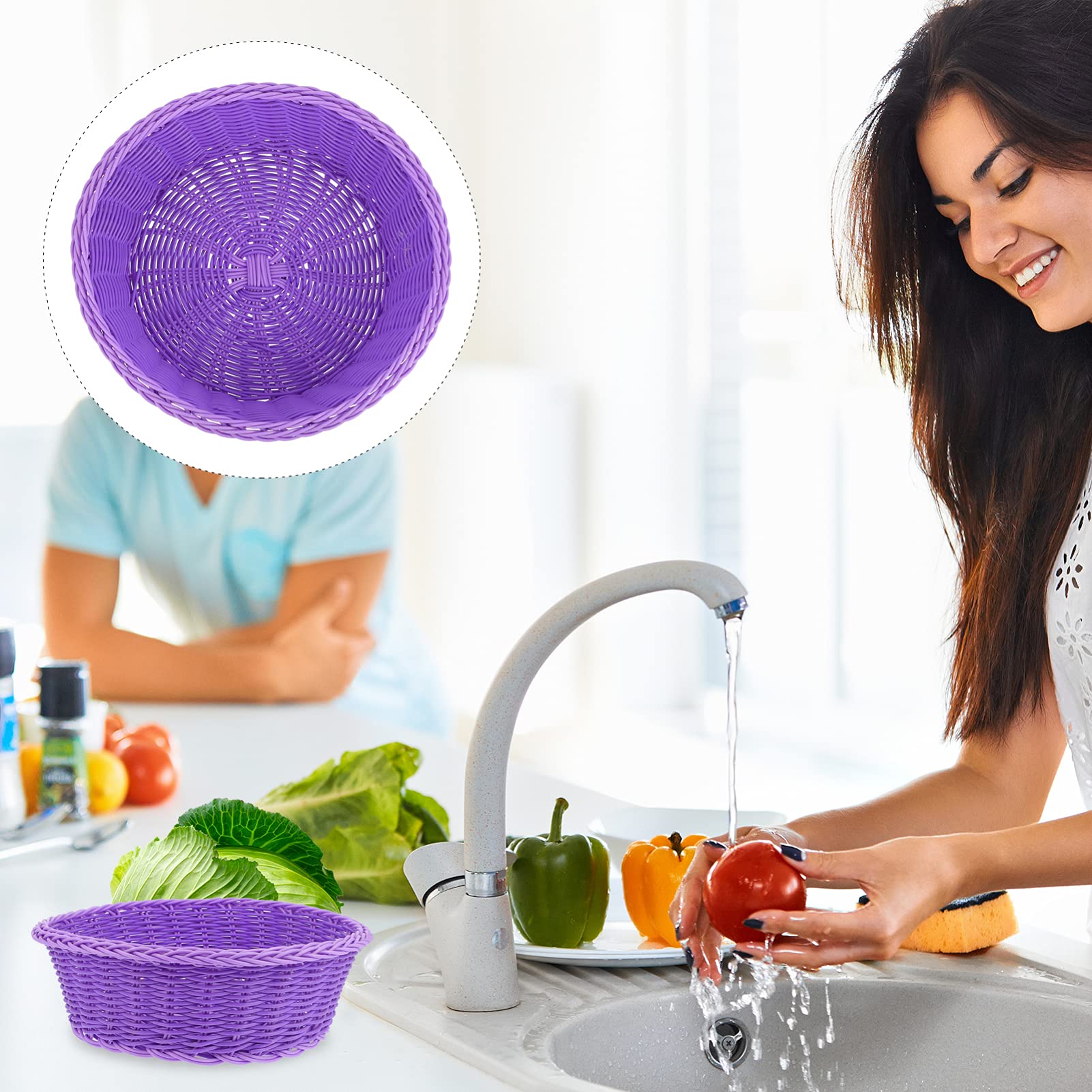 BESPORTBLE Purple Plastic Basket Bread Basket Round Storage Basket Kitchen Wicker Bread Box Rattan Toys Storage Boxes Fruit Plate Trays Organizer Home Decor