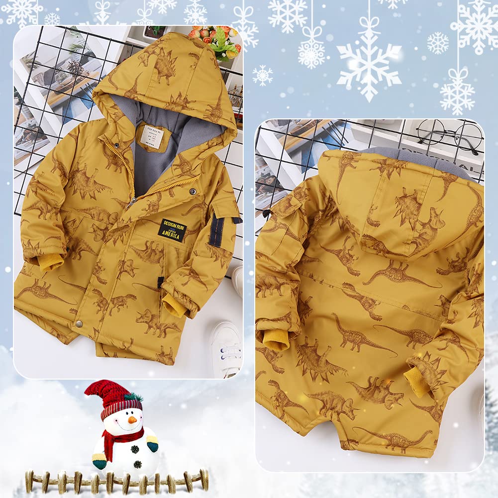 AIKSSOO Boys Winter Coats Down Jacket Hooded Dinosaur Snowsuit Parka Windproof Overcoat Outerwear Jacket