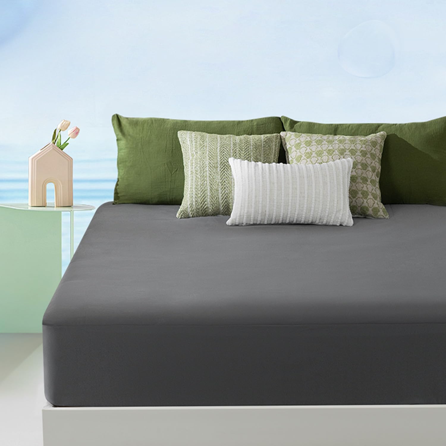 QUEEN ROSE Cooling Mattress Pad Queen Size, Cooling Mattress Protector Cover for Hot Sleepers, Fitted Sheets with a Deep Pocket Fits Up to 18” Mattress, Grey