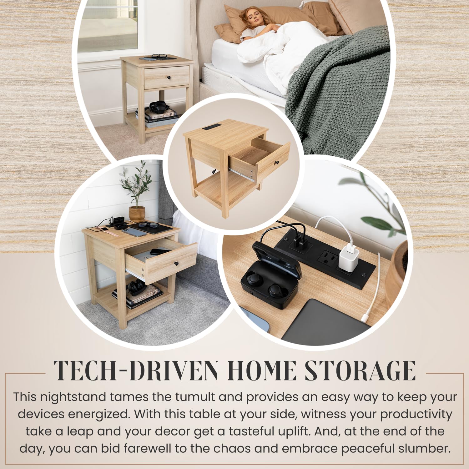 APOC HOME Side Table with Charging Station - Smart Nightstand with Drawer, Shelf, USB Ports & Outlets - 22" Tall (White Oak)