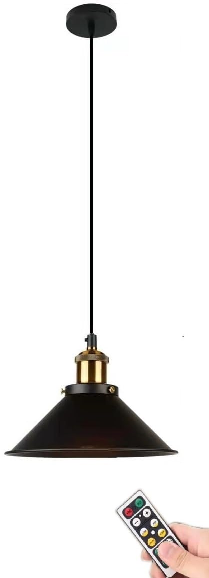 ANUOMY 1 Pack Battery Operated Pendant Light with Remote,indoor Black No Wiring Ceiling Hanging Lamp,Vintage Wireless Pendant Lighting Chandelier Fixture for Farmhouse Dining Room Kitchen Island