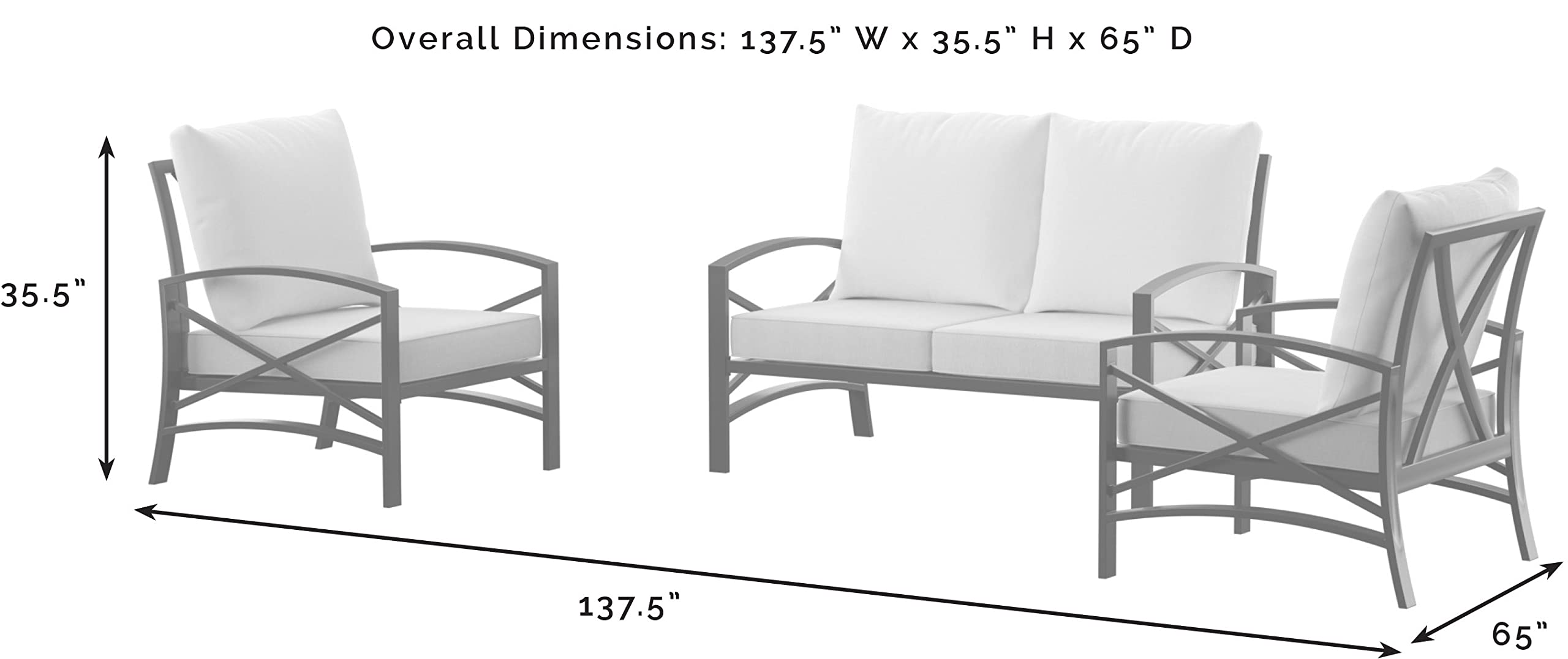 Crosley Furniture Kaplan 3-Piece Outdoor Loveseat Patio Furniture Set, Conversation Sets for Porch, Deck, White with Navy Cushions