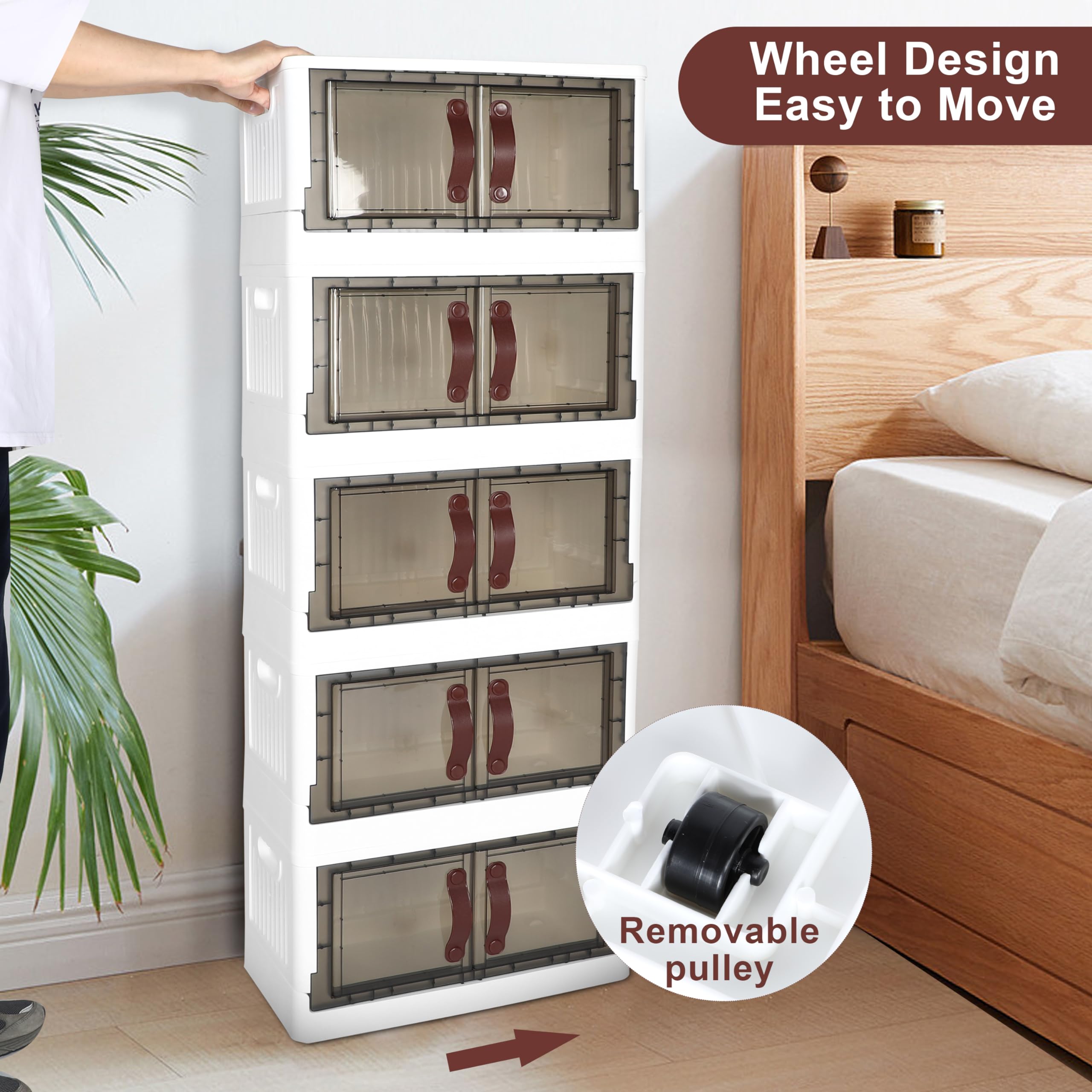 YSSOA Plastic Storage Bins with Lids, 50Gal-5 Tiers, White-Clear Brown Door