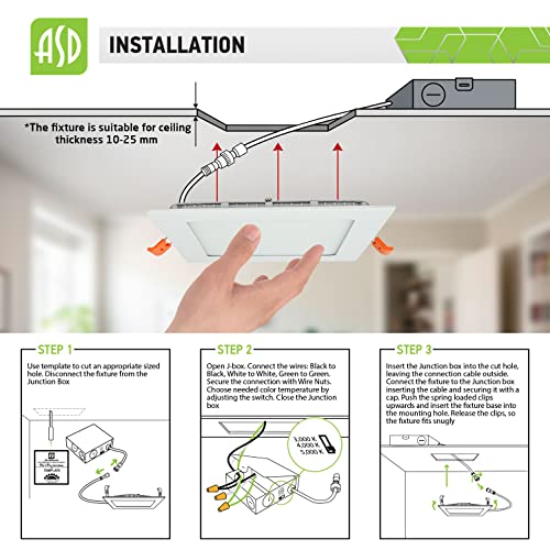 ASD Ultra Thin Square LED Recessed Lighting 6 Inch, 3000K-4000K-5000K Color Temperature Options, 12W 840Lm Dimmable LED Downlight, Canless LED Recessed Light, IC & Damp Rated,ETL,Energy Star (6-Pack)