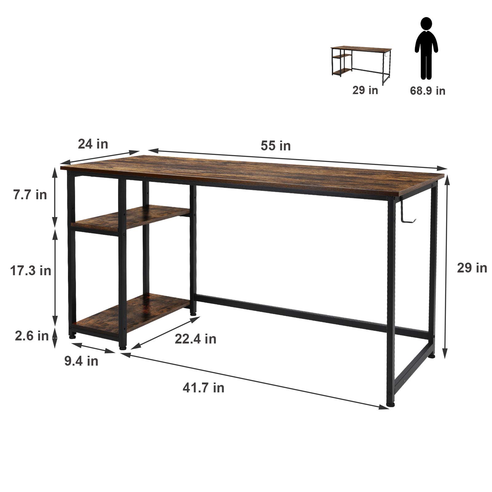 AuAg Computer Desk Home Office Desk with 2 Shelves, 55 inch Writing Desk with Storage, Industrial PC Desk Laptop Study Table with Bag Hook Gaming Desk Workstation, Easy to Assemble(Rustic Brown)