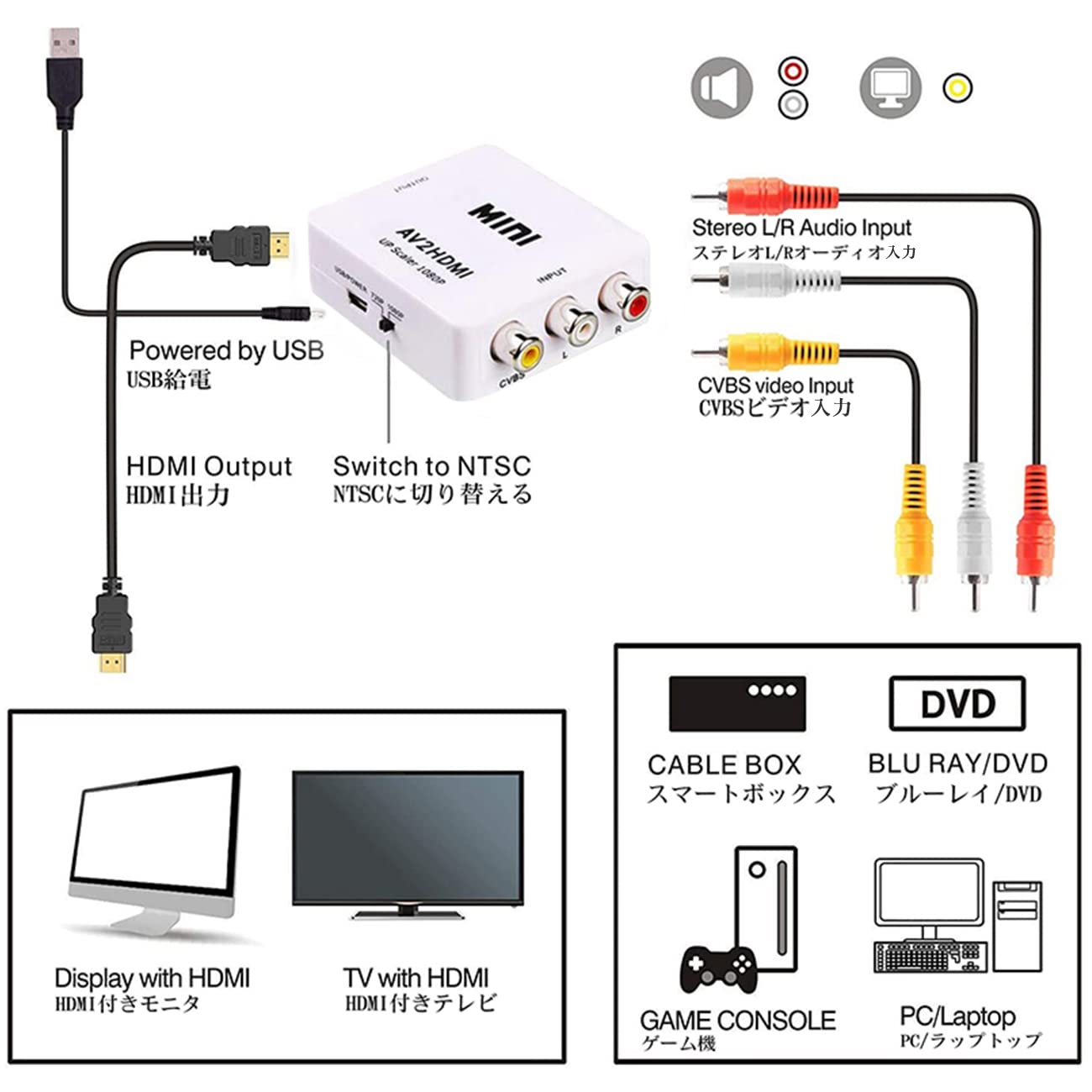 AV to HDMI Converter, RCA to HDMI Adapter, 1080p 3RCA CVBs to HDMI Composite Video Audio Converter Adapter for TV/PS3/VHS/VCR/DVD/PC/Blu-Ray DVD, White