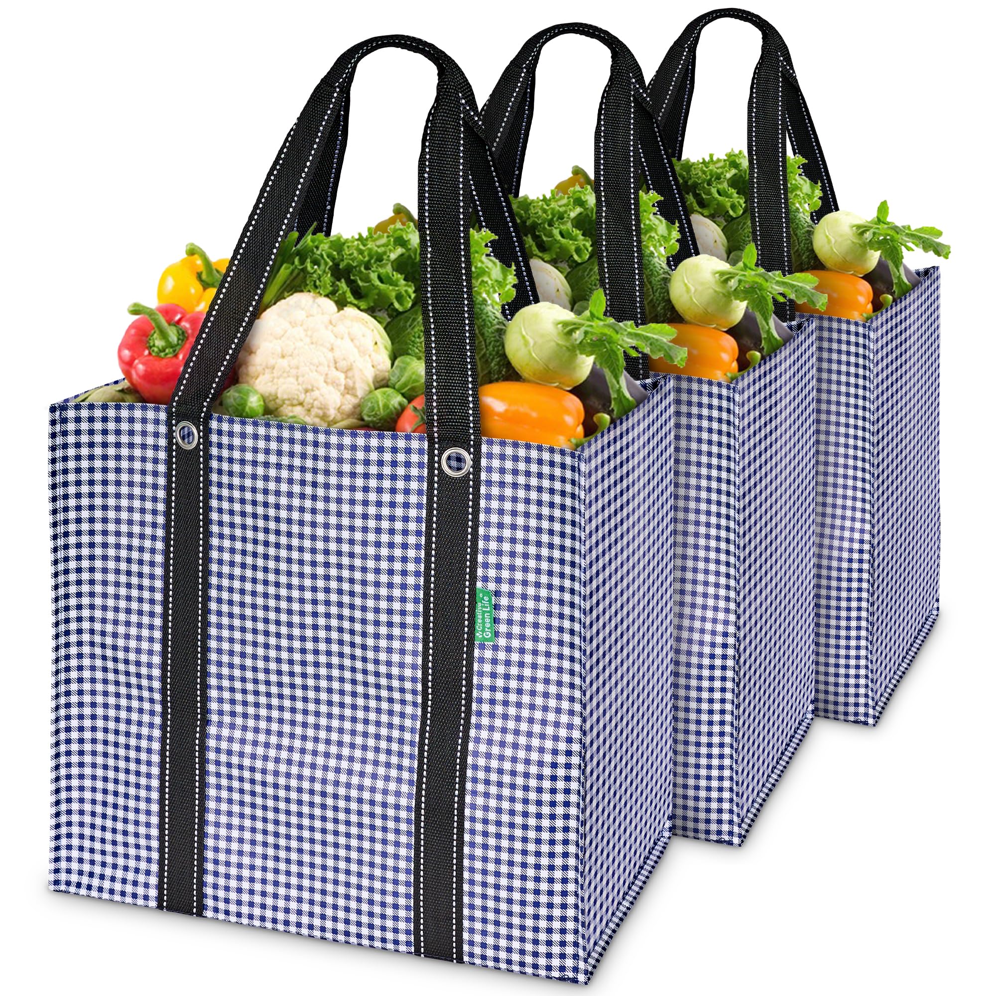 Heavy Duty Reusable Grocery Bags, Foldable Grocery Reusable Bags, 3-Pack Multipurpose Grocery Tote Bags, X-Large Reusable Grocery Bags with Handles & Hard Bottom (10 Gallons, Blue)