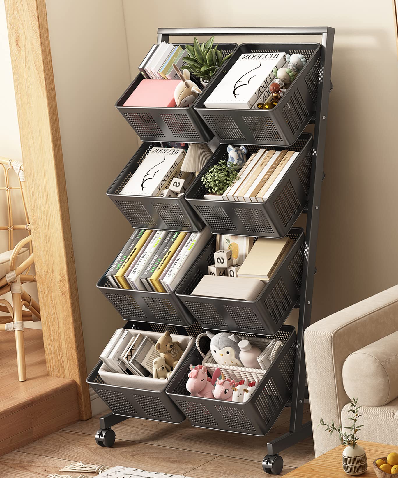 asunflower Kitchen Baskets Storage Cart 4 Tier Rolling Cart with Wheels Metal Fruit Baskets Rack Utility Organzier Cart with Push Handle Wire Fruit Vegetable Stand, Black