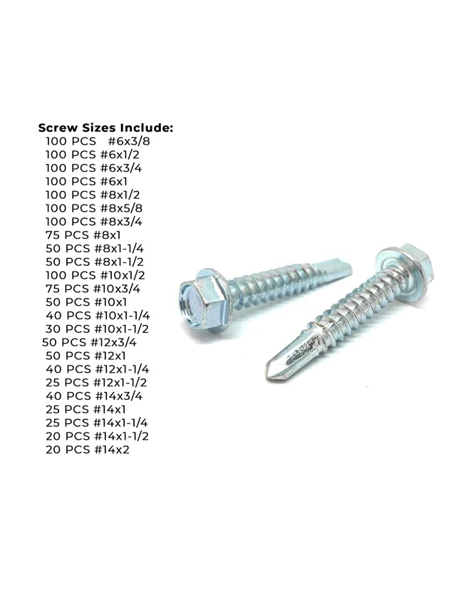 Unslotted Hex Washer Head Sheet Metal Self Drilling Tek Screw Assortment Kit - 1466 Pieces!