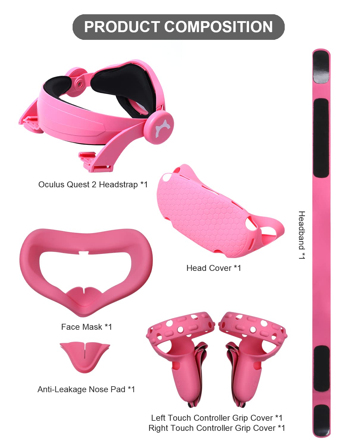 Barbie Pink 6 in 1 Set Head Strap for Oculus Quest 2 Accessories,MODJUEGO Adjustable Forehead Strap with Silicone Touch Controller Grip Cover, VR Face Cover and VR Shell Protector Cover Replacement