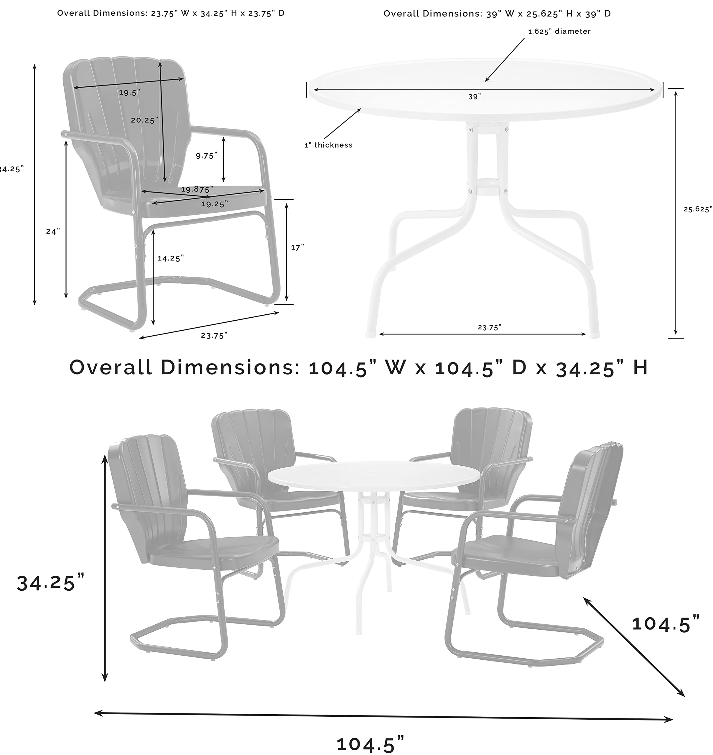 Crosley Furniture Ridgeland 5-Piece Outdoor Dining Set for 4, Retro Metal Round Patio Table and Chairs, Turquoise Gloss