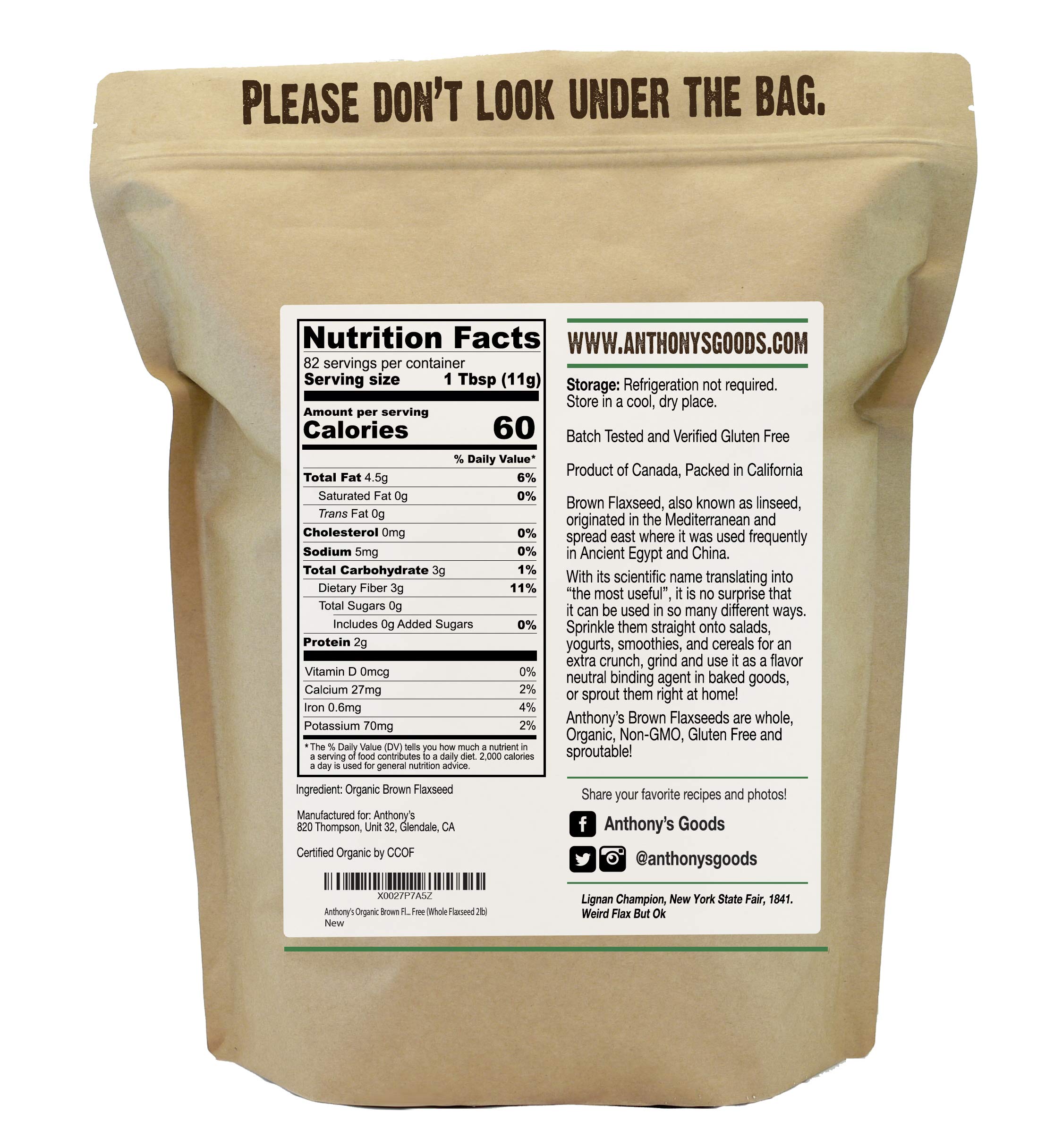 Anthony's Organic Brown Whole Flaxseed, 2 lb, Batch Tested and Gluten Free, Raw, Non GMO, Sproutable, Keto Friendly