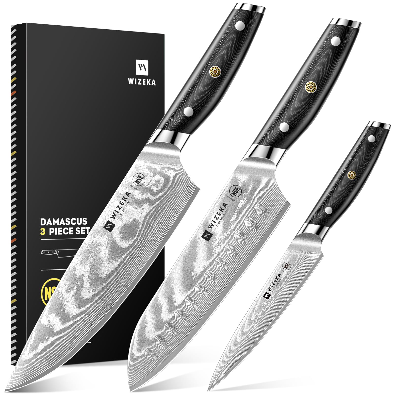 WIZEKA Damascus Knife Set 3 PCS,Super Sharp Kitchen Knife Set Made of Japanese Steel VG10,Full Tang Professional Chef Knife Set With G10 Ergonomic Handle