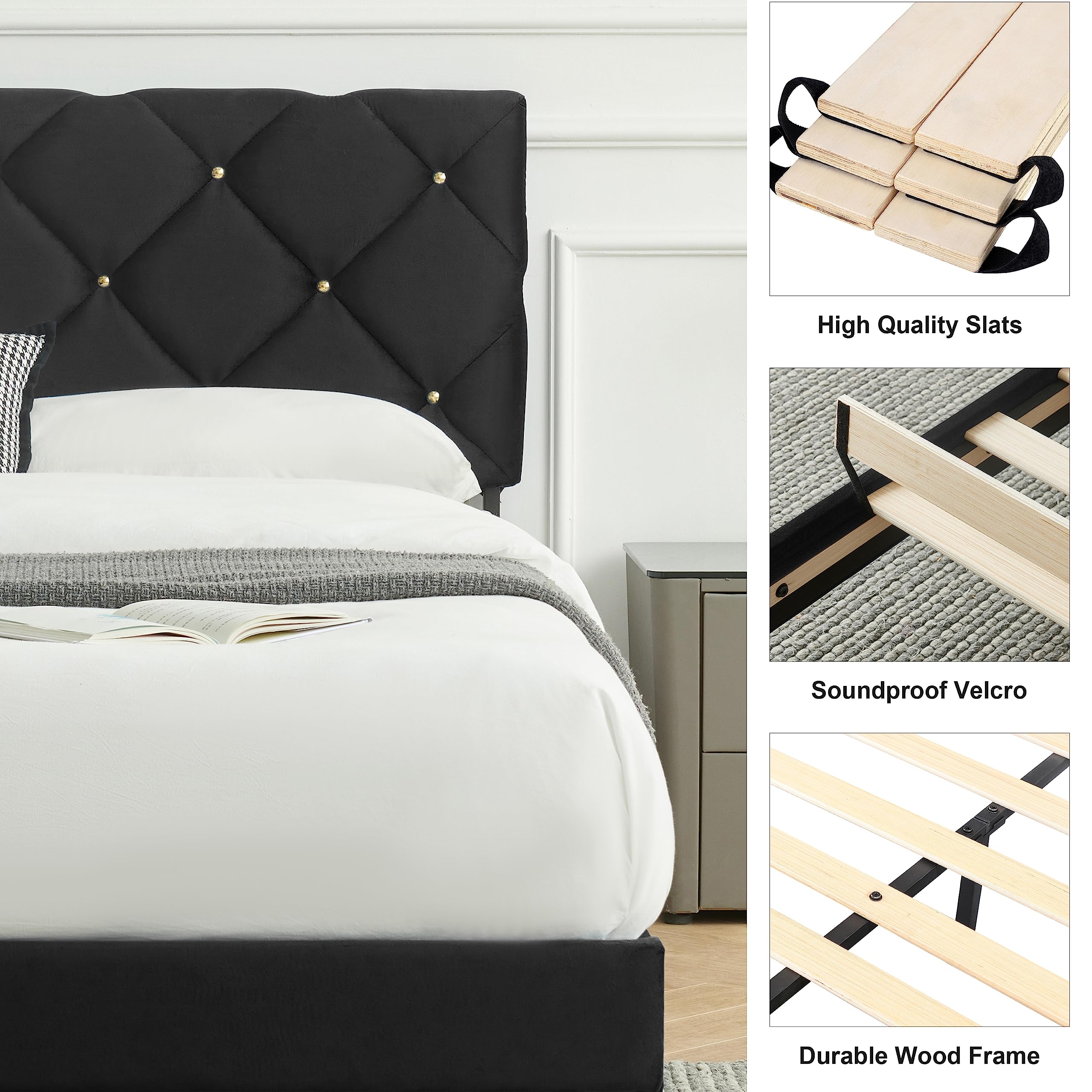 AsKmore King Size Bed Frame,Velvet Upholstered Platform with Headboard and Strong Wooden Slats,Non-Slip and Noise-Free,No Box Spring Needed, Easy Assembly,Black
