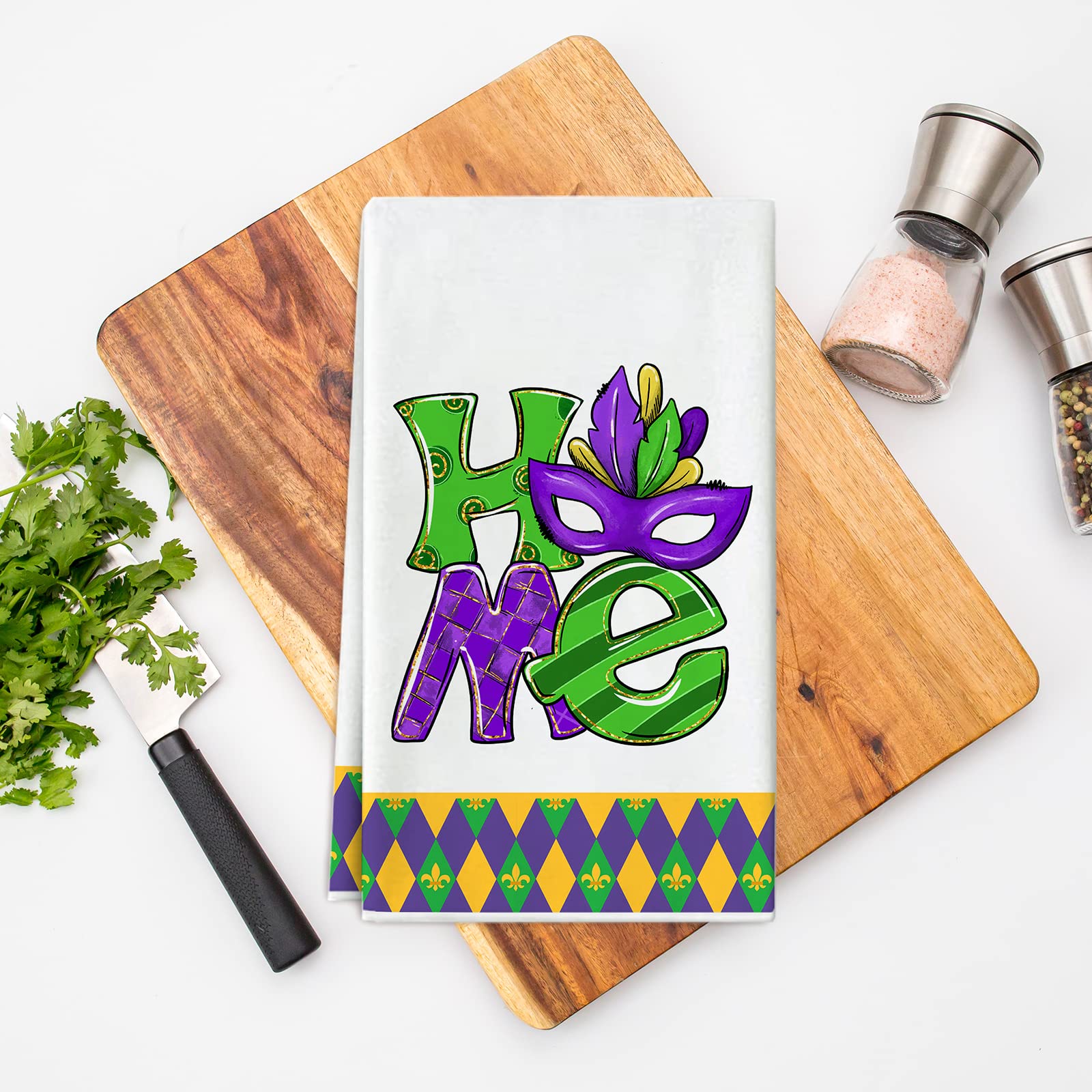 AnyDesign Mardi Gras Kitchen Dish Towel Purple Green Diamond Lattice Print Kitchen Towel 18 x 28 Inch Home Love Gnome Hand Drying Tea Towel for Carnival Cooking Baking Cleaning Wipes, 4Pcs