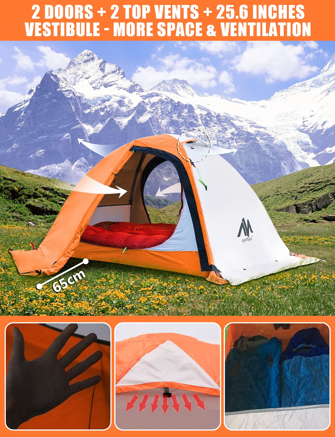 AYAMAYA 4 Season Backpacking Tent 2 Person Camping Tent Ultralight Waterproof All Weather Double Layer Two Doors Easy Setup 1 2 People Man Tents for Backpacker Outdoor Hiking
