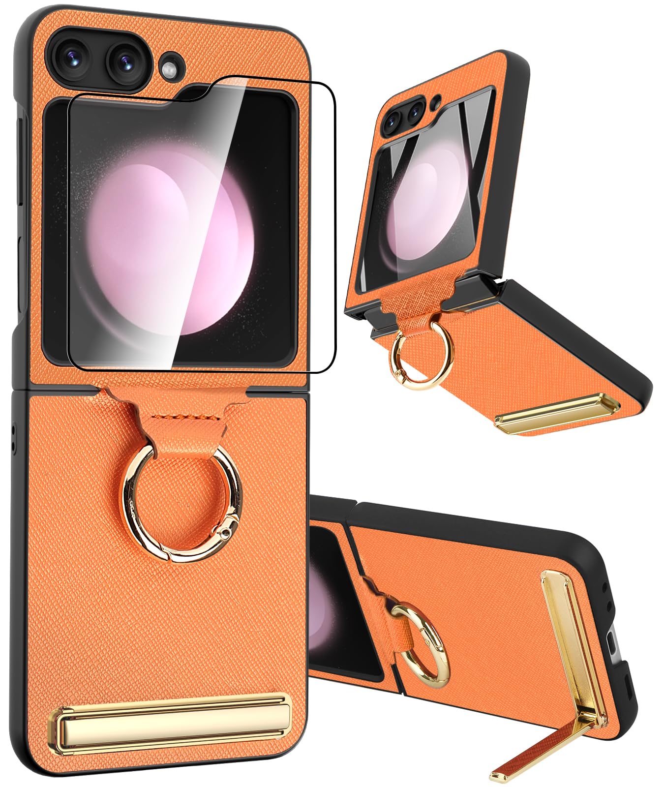 ATATOO for Galaxy Z Flip 5 Case with Kickstand, Thin Flip5 Case with Adjustable Ring & Front Screen Protector, Sturdy Anti-Slip Luxury Leather Phone Case for Samsung Galaxy Z Flip 5 2023, Orange