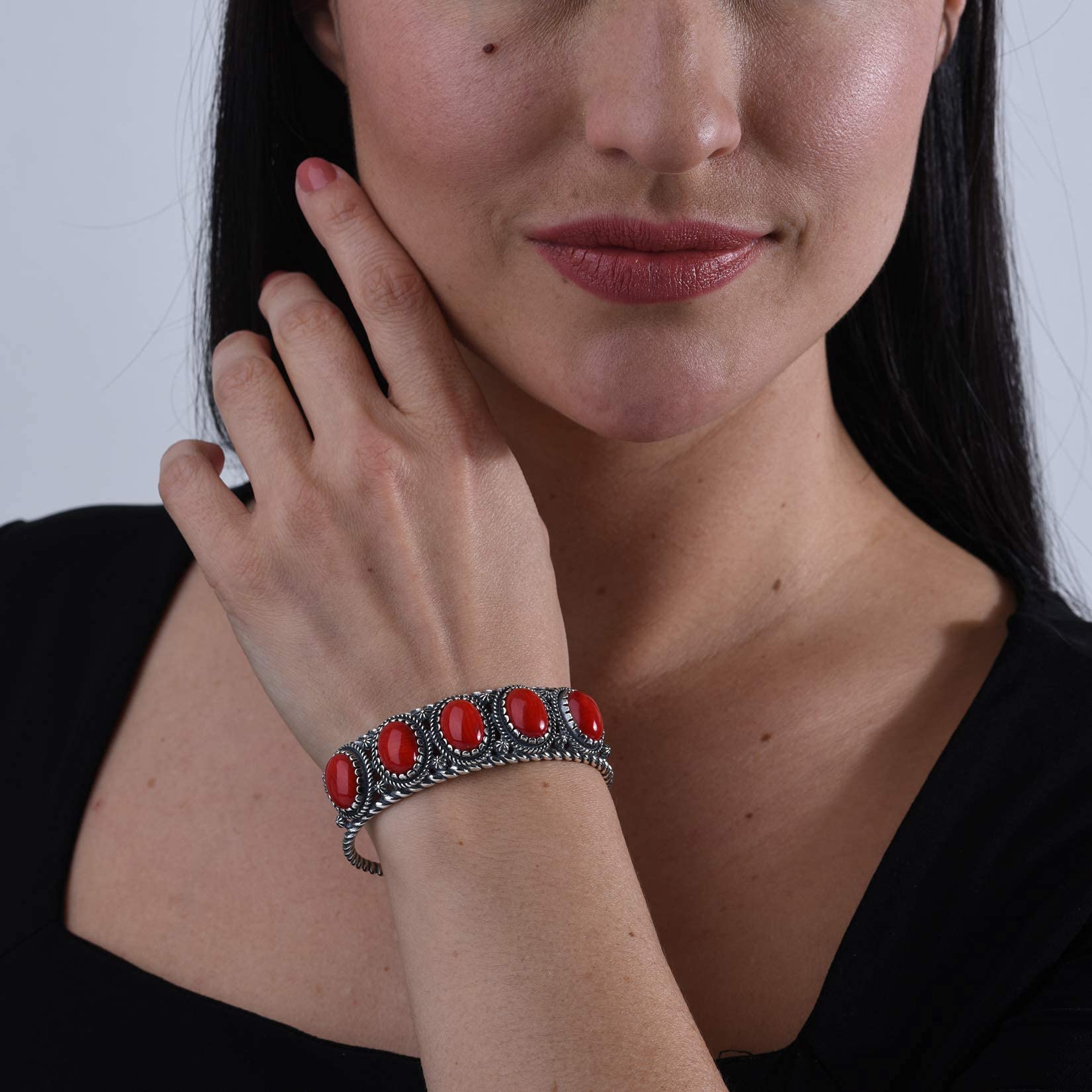 American West Jewelry Sterling Silver Women's Cuff Bracelet Red Coral Gemstone 5-Stone Design Size Small
