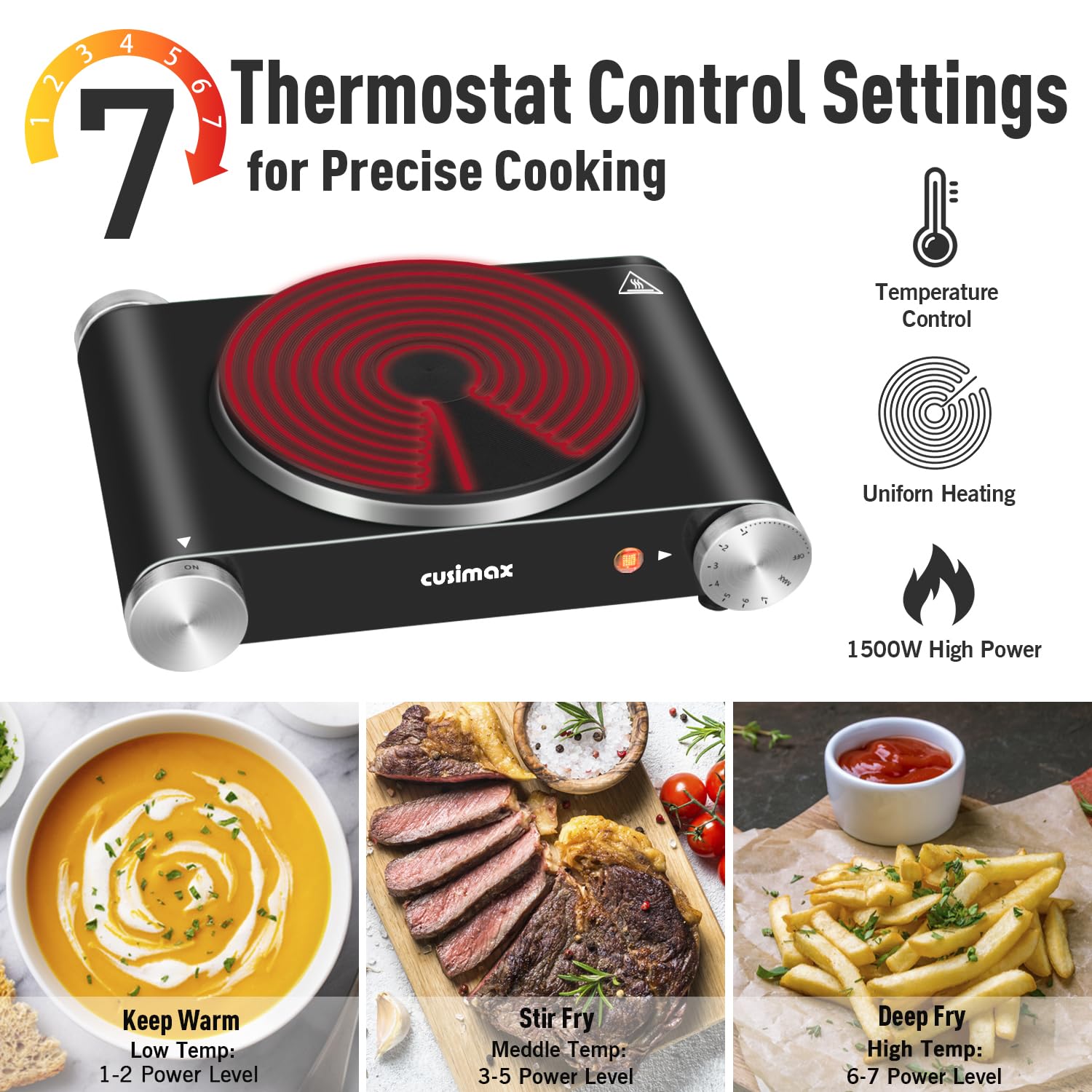 Cusimax Hot Plate Portable Electric Stove Countertop Single Burner with Adjustable Temperature Control & Non-Slip Rubber Feet, 7.4” Cooktop for Dorm Office Home Camp, Compatible for All Cookwares