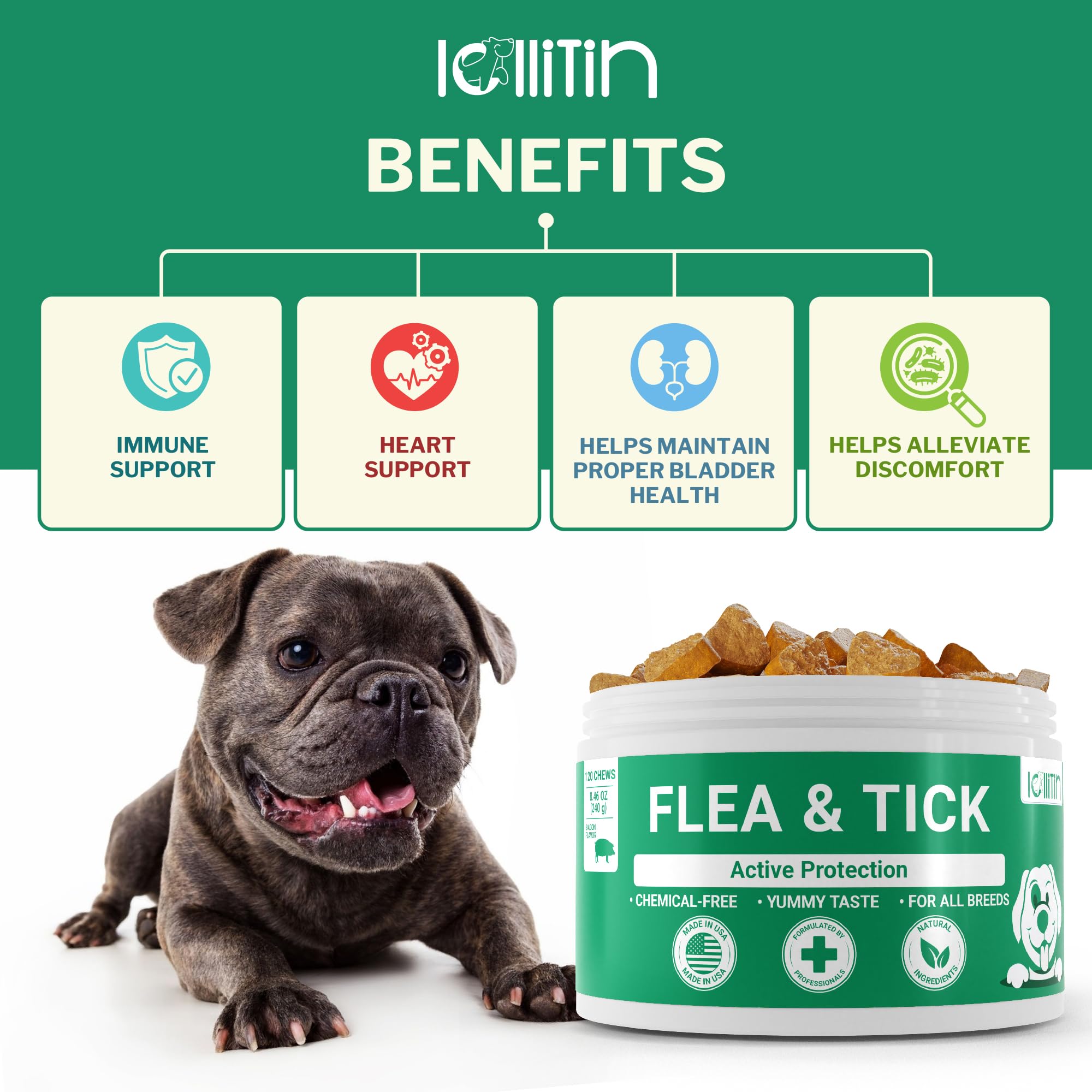 LOLLITIN Flea & Tick Dog Supplement - Made in USA - All Natural - Dog Chews 120 Count - Bacon Flavor - Dog Supplements - Natural Repellent