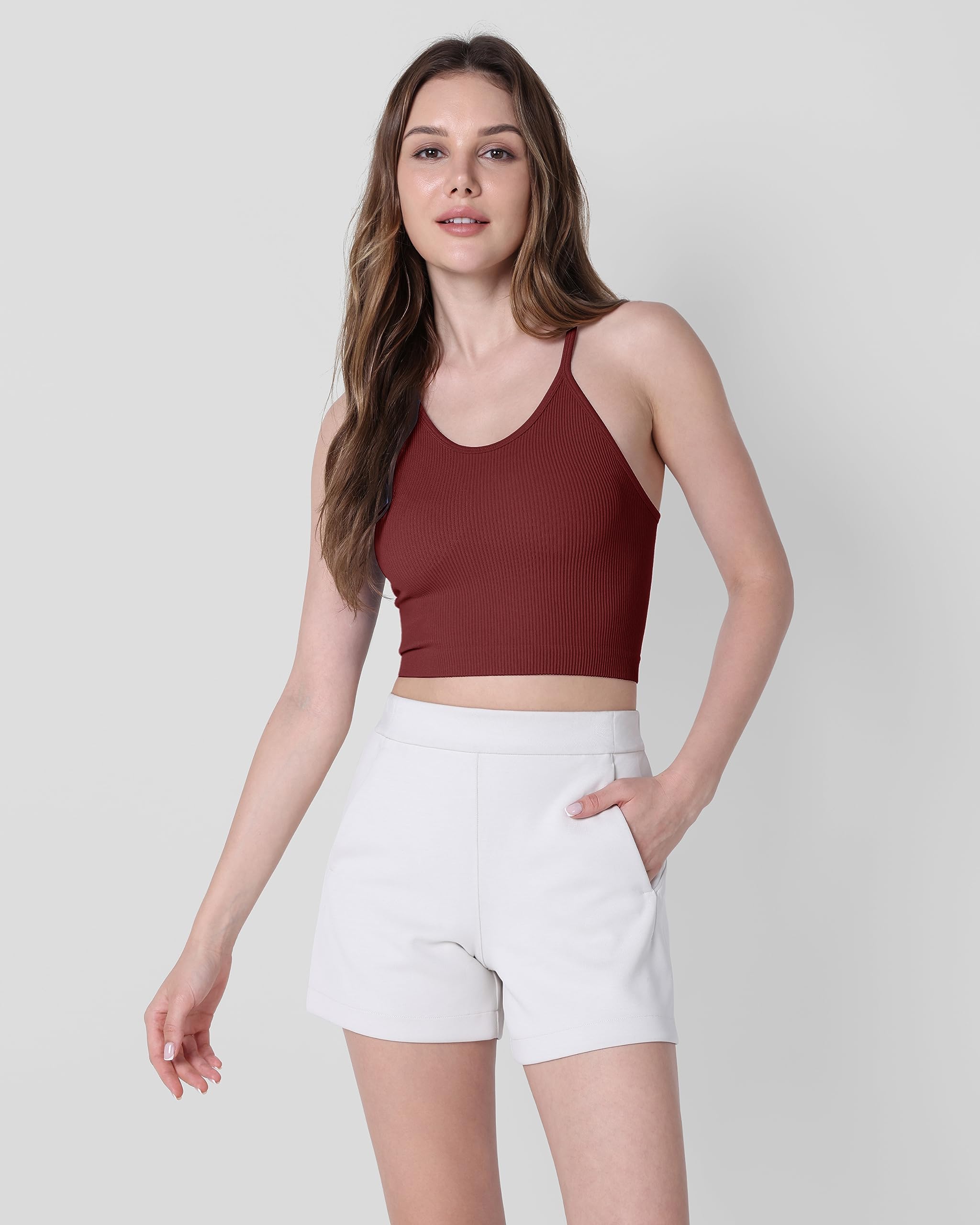 ASLABCREW Women's Crop 4 Piece Seamless Ribbed Camisole Strappy Cropped Tank Tops, Mushroom+Clay+Brunette+Wine, Medium/Large