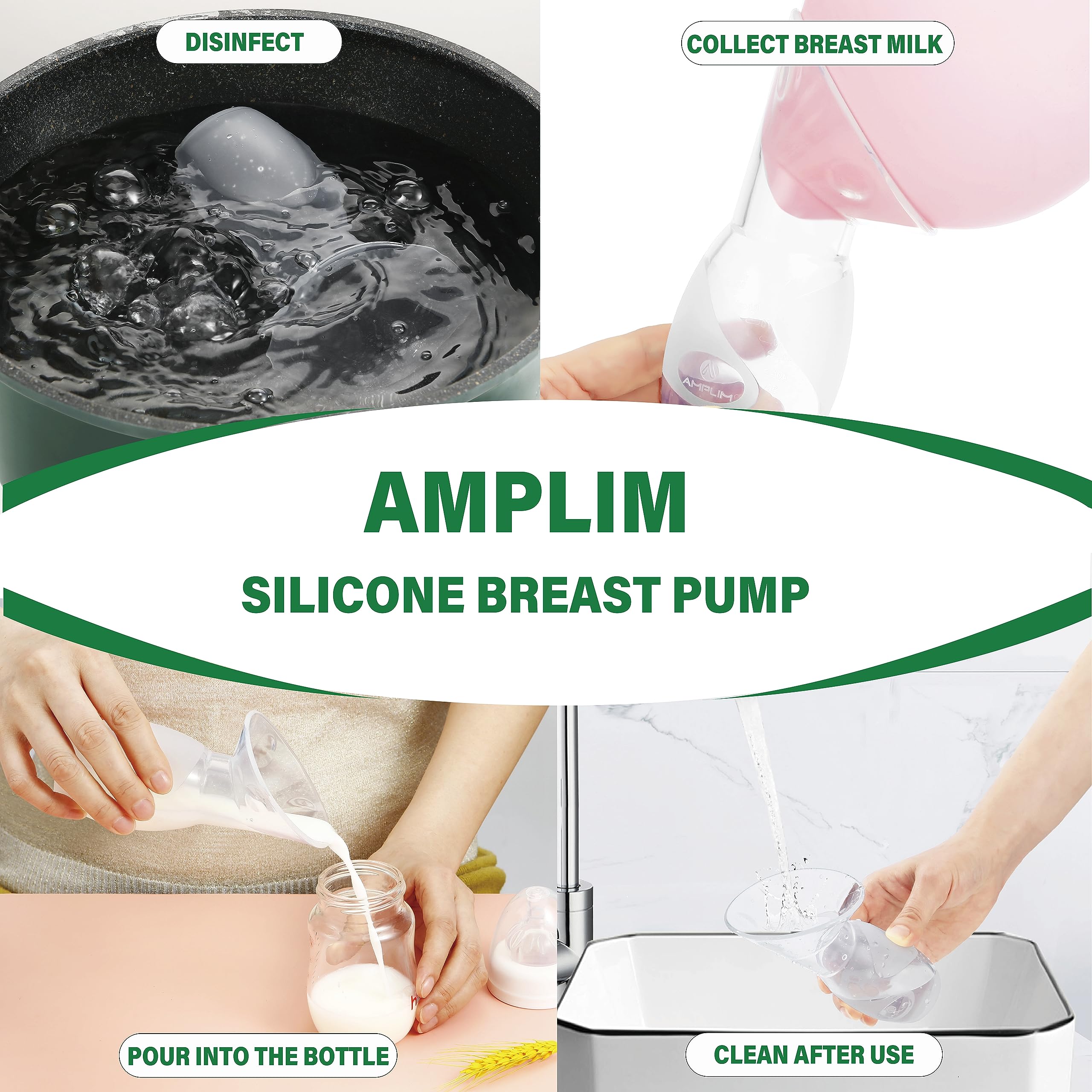 Amplim Gen 2 Manual Breast Pump/Collector for Breastfeeding with Stopper (2-Pack 4 oz/100ml) Food Grade Silicone BPA PVC and Phthalate Free (Blue + Green)