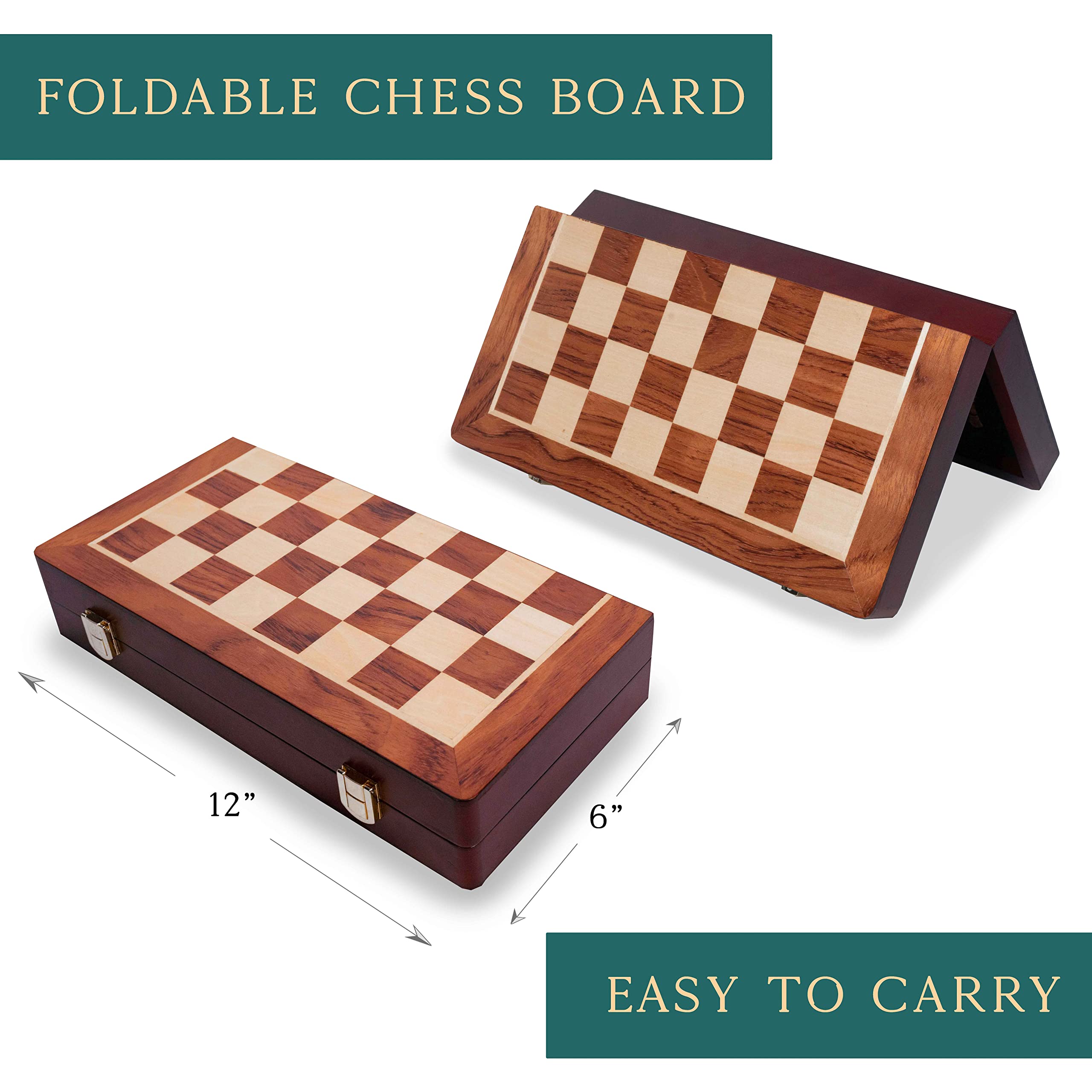 Nekko Premium Wooden Chess Sets for Adults & Kids, Handcrafted Polished Wooden Chess Pieces, 12 Inch Foldable Chess Board, Easy Carry Wooden Chess Set